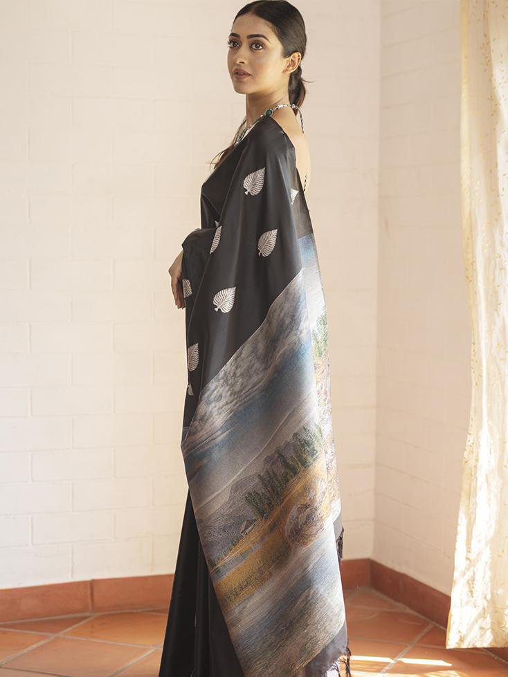 Tropical Lake Pallu on Black Silk Saree with Damask Motifs – Drapery